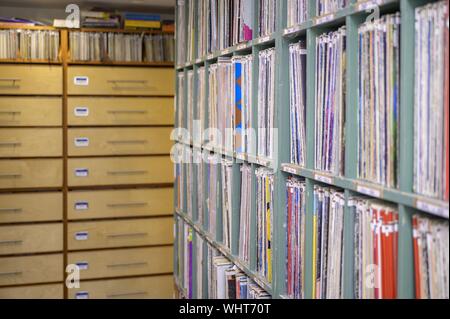 Large collection of vinyl and cassettes at a radio station storage ...