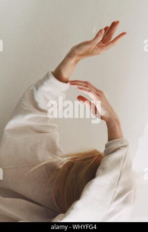 Calming movement of female's thin soft hands Stock Photo - Alamy