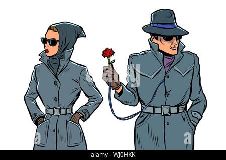man and woman secret agents, spies. Comic cartoon pop art retro ...