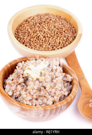 Russian buckwheat kasha in wooden bowl with space background Stock ...