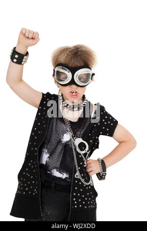 Portrait of enthusiastic punk boy wearing pilot goggles over white ...