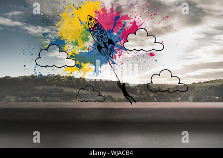 Rocket on splashes over landscape background Stock Photo - Alamy