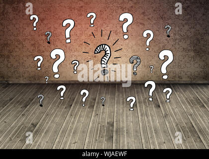 Question marks over dark room with floorboards Stock Photo - Alamy