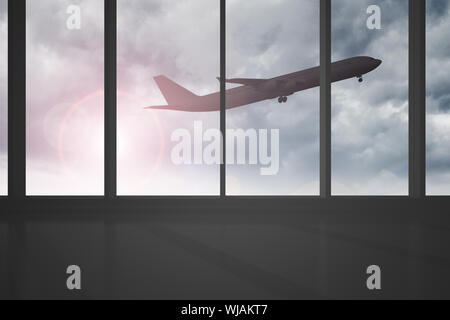 Digitally generated airplane flying past departures lounge window Stock ...