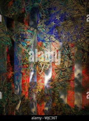 Surreal digital art. USA Flag over clouds reflected in the water Stock ...