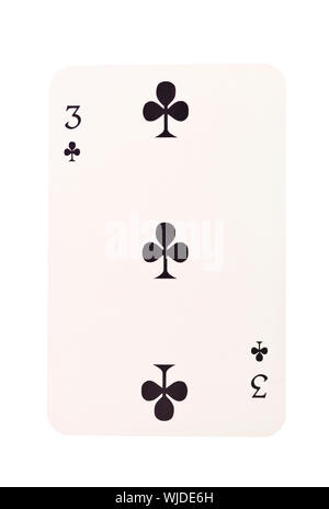 Three of clubs playing card, isolated on white background. Scanned at ...