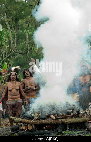 Dugum Dani tribe people in traditional village at the ceremony pig ...