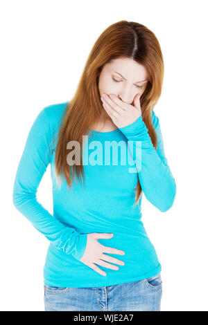 Woman with strong pain of stomach and nausea , isolated on white Stock ...