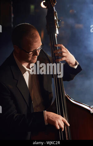 Bald musician playing double bass in red-green neon, stage light ...