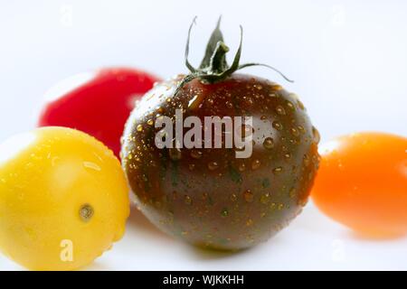 Little cherry varied multi color tomatoes, at studio, white background ...