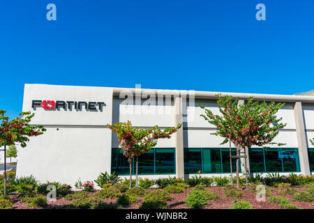 Fortinet sign at cybersecurity company headquarters in Silicon Valley ...