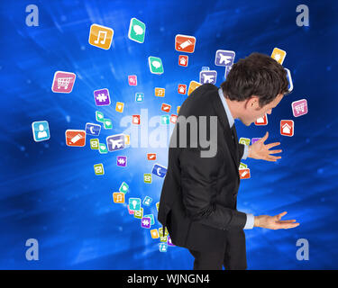 Stressed businessman gesturing against abstract technology background ...