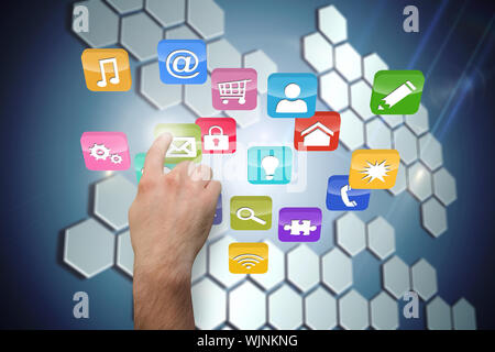 Hand pointing against technological background with hexagons Stock ...