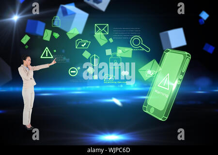 Businesswoman touching lock on virtual screen against light background ...
