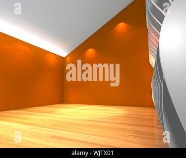 Abstract orange empty room with wave wall and decorated with wooden ...