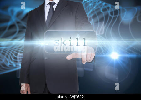 Businessman presenting the word quality against room with large window ...