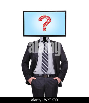Businessman with a computer monitor head and question marks Stock Photo ...