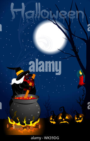 illustration of witch cooking in halloween night Stock Photo - Alamy