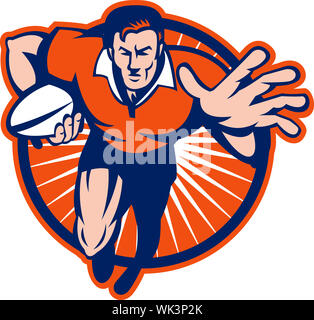 Rugby player running towards you fending off Stock Photo - Alamy