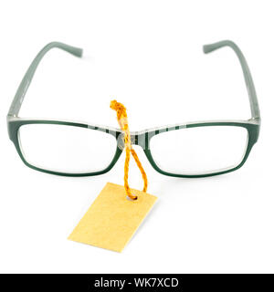 glasses and cost tag on a white background Stock Photo - Alamy