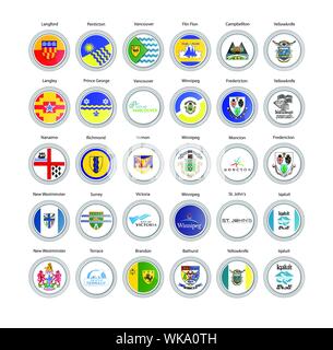 Set of vector icons. Cities of Canada flags (Quebec and Saskatchewan ...