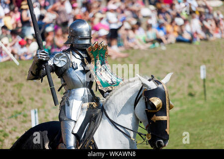 Close-up of a mounted knight, taking part in a medieval Joust at Dover ...