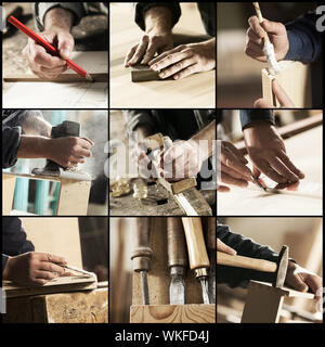 Collage of Carpenter at work, hands close up Stock Photo - Alamy
