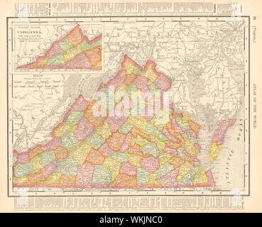 Virginia state map showing counties. RAND MCNALLY 1912 old antique ...