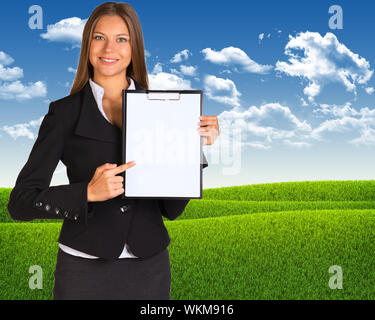 Businesswoman holding paper holder Stock Photo - Alamy
