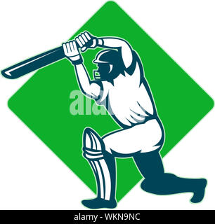 illustration of a cricket batsman batting side view done in retor ...