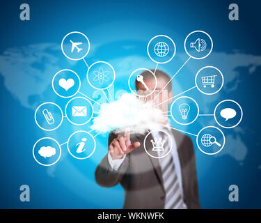 A man pointing at a web of message icons Stock Photo - Alamy