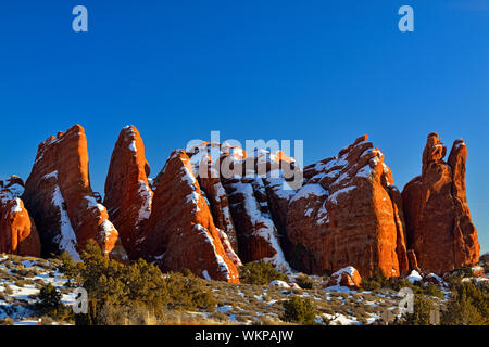 Sandstone fins in winter near the Fiery Furnace, Arches National Park ...