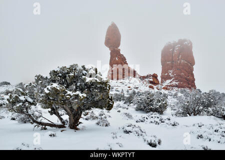 Balanced Rock in the fog in a snowy winter landscape, Arches National ...
