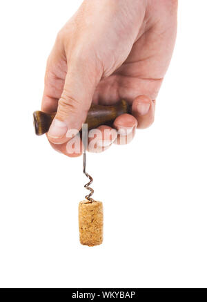 Corkscrew in hand isolated on white background Stock Photo - Alamy