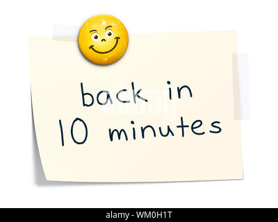 BACK IN TEN MINUTES sign on the door of a temporarily closed shop Stock ...