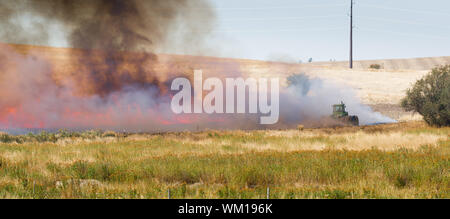 Farmers do a controlled burn before plowing after harvest Stock Photo ...