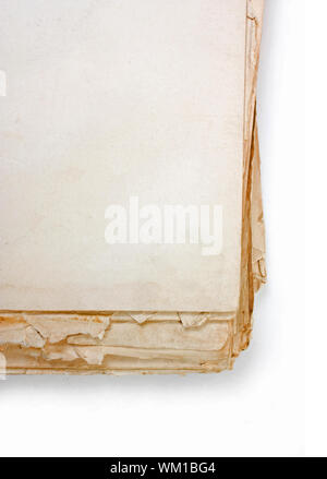 An old book with a crumpled sheet and hardcover isolated on white ...