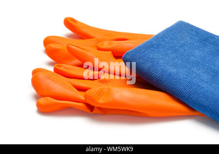 blue rag with orange cleaning glove on a white background Stock Photo ...