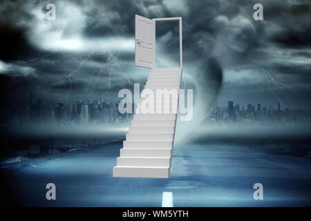 Stairs leading to door against stormy sky with tornado over road Stock ...