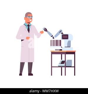 robot with male scientist in protective suit making experiments in lab ...