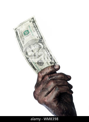 Dirty hand holding a five dollar bank note Stock Photo - Alamy