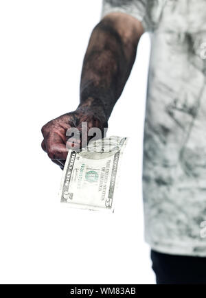 Dirty hand holding a five dollar bank note Stock Photo - Alamy