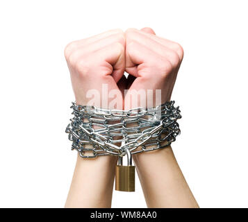 Hands chained together isolated on a white background Stock Photo - Alamy