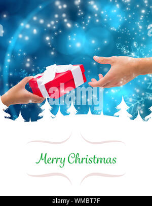 Couple passing a wrapped gift against screen collage showing lifestyle ...