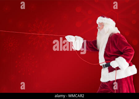 Santa pulls something with a rope against white curtain blind Stock ...