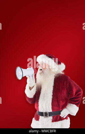 Santa Claus is using a megaphone against red background Stock Photo - Alamy