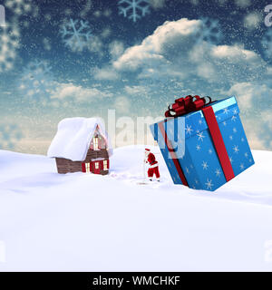Santa delivering large gift against snowy landscape with fir trees ...