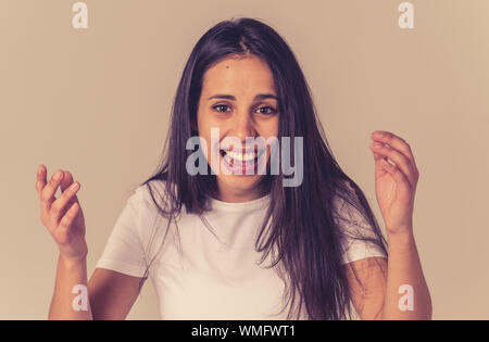 Spanish woman, portrait and shocked for news, announcement and secret ...