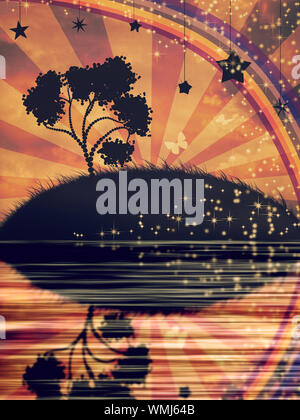 Sunset landscape scene with stylized alone tree Stock Photo - Alamy