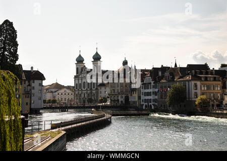 Needle dam in the Reuss River in Lucerne, seen from the Speuerbrücke ...